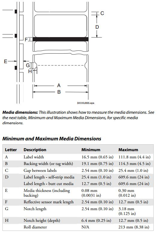 Minimum and maximum media dimensions for the 3400e Printer