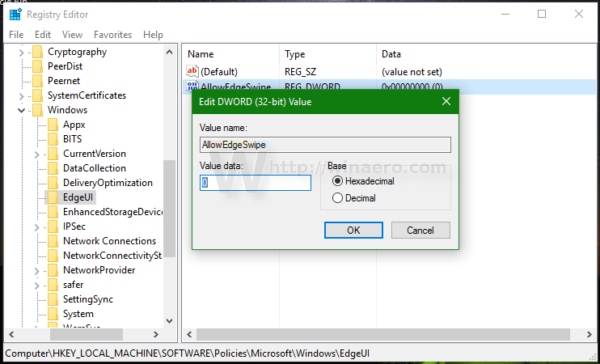 How to disable touchscreen edge swipes in Windows 10?