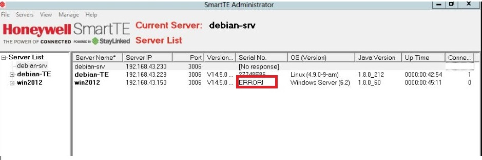 SmartTE Administrator shows "ERROR" on the Serial number column of the ...