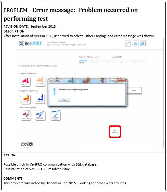 VERIPRO error message: problem occurred on perfoming test