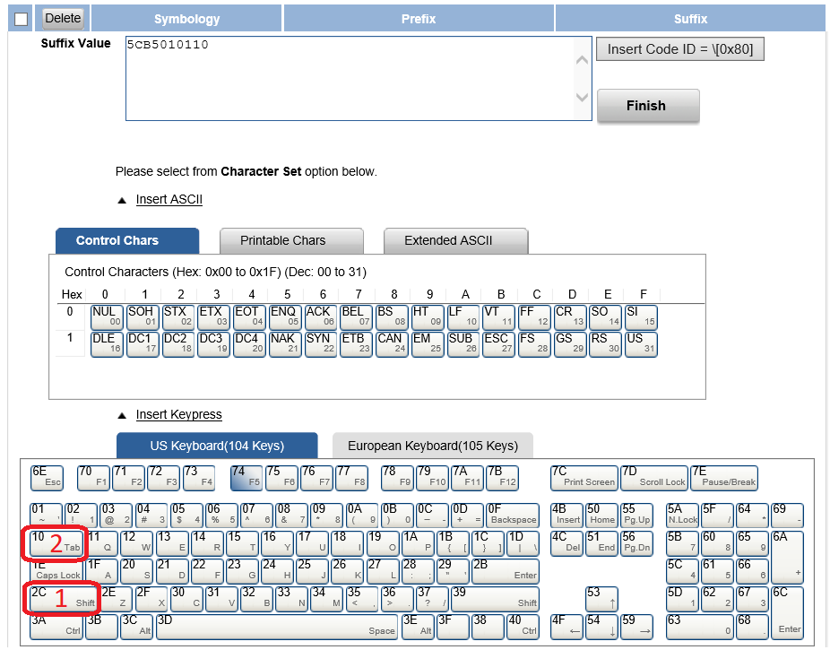 How to program a scanner to Back TAB suffix or prefix.
