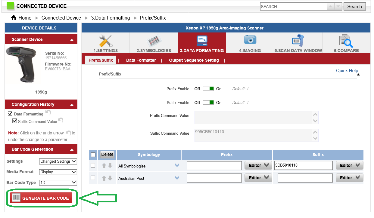 How to program a scanner to Back TAB suffix or prefix.