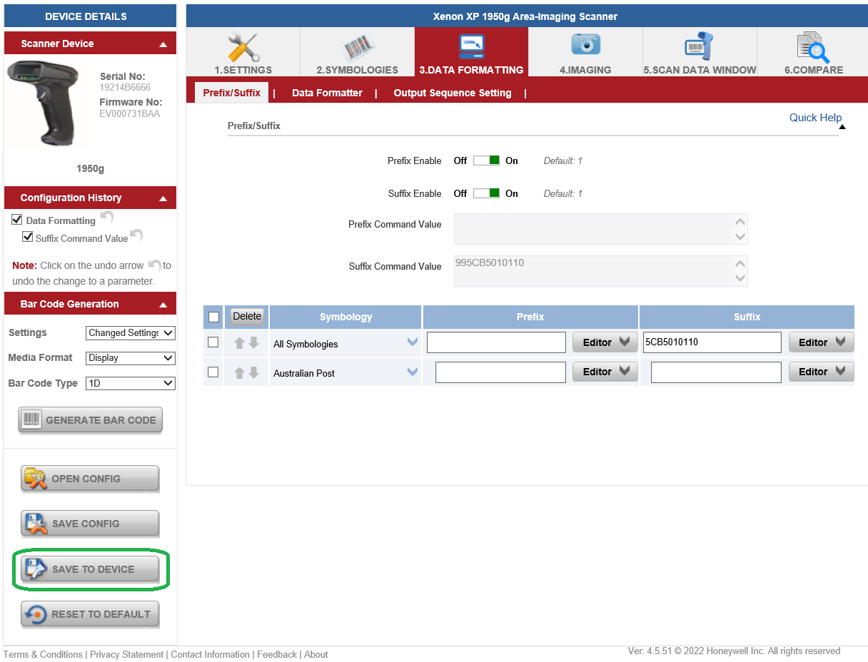 How to program a scanner to Back TAB suffix or prefix.